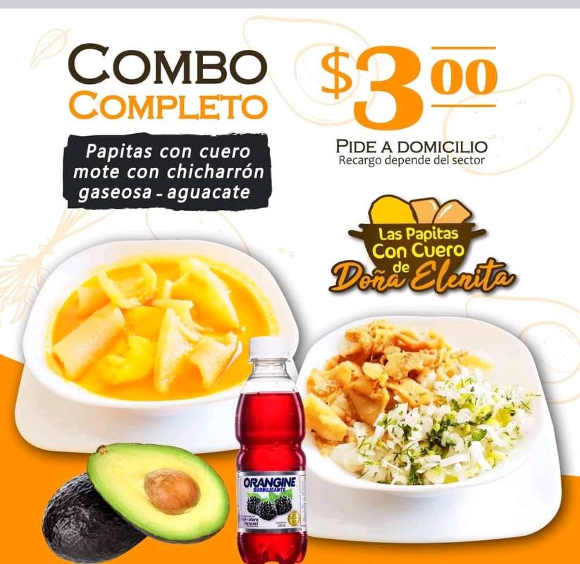 Combo, papas con cuero, mote, aguacate y gaseosa en Quito