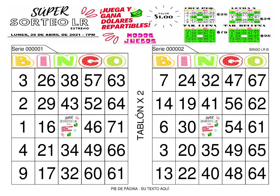 Tabla de bingo diseño 2 tabla(s) por hoja (millar) en Guayaquil