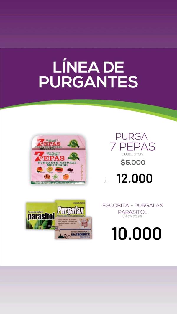 Purgantes 7 pepas, Purgalax, Parasitol y escobita en Tulua