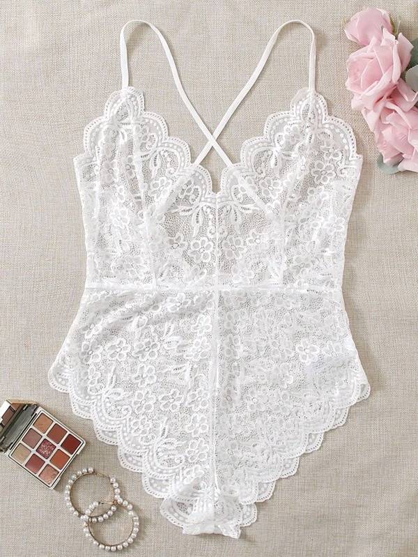Body teddy ribete en abanico con encaje floral Blanco Talla XL en Santiago
